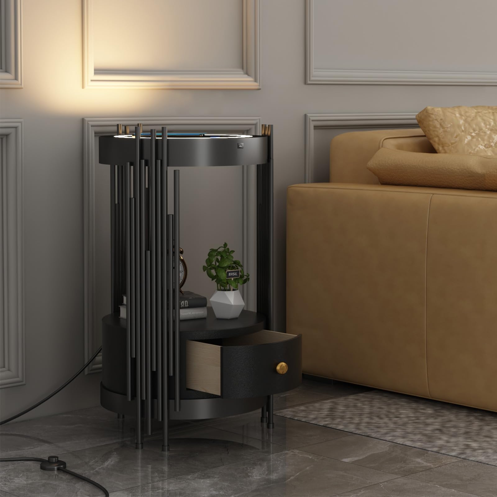 wangpengkai Black Led Smart Nightstand with Drawer,Sofa Round End Table ...