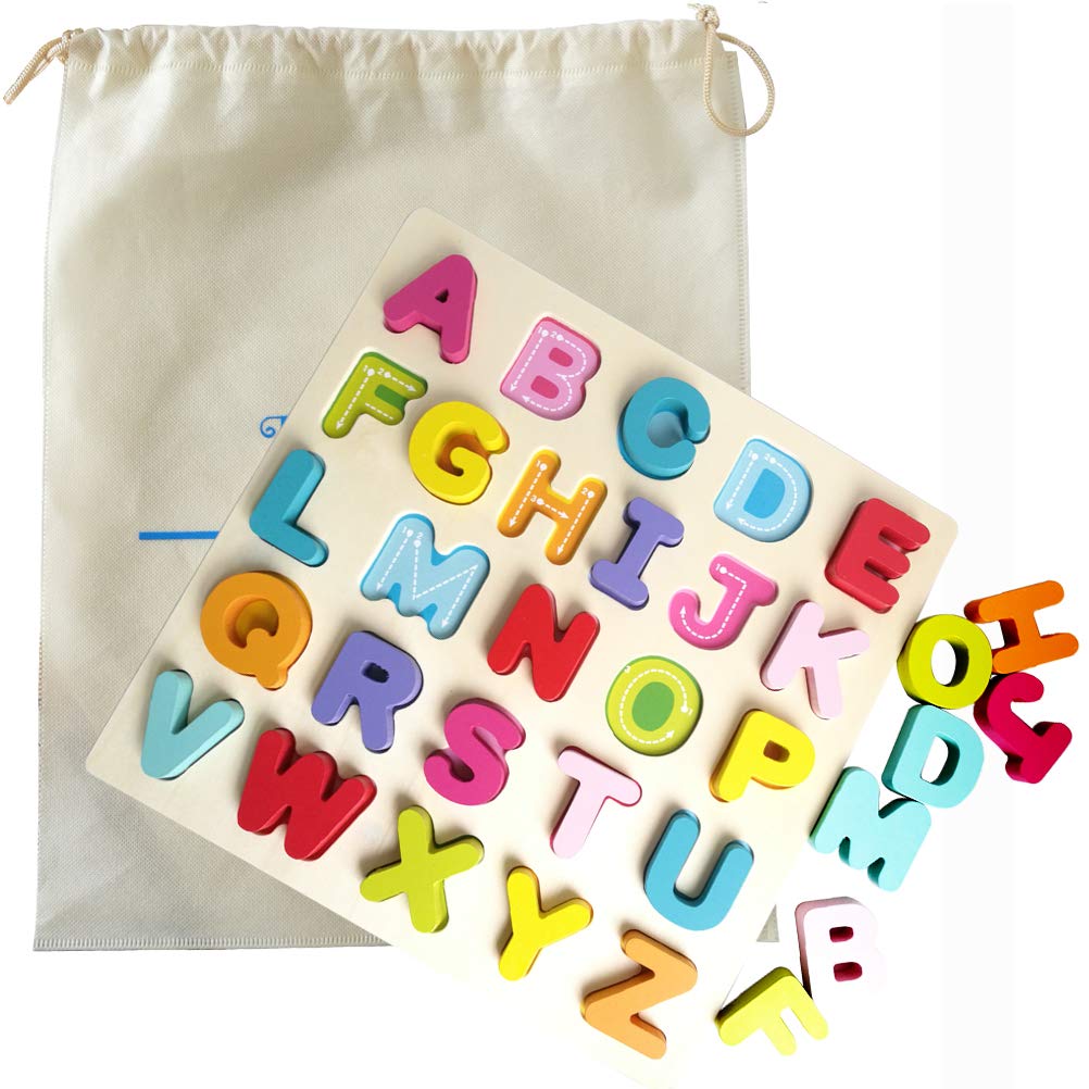 Buy MOBUWooden Alphabet Puzzles Jigsaws Board & Reusable Storage Bag ...