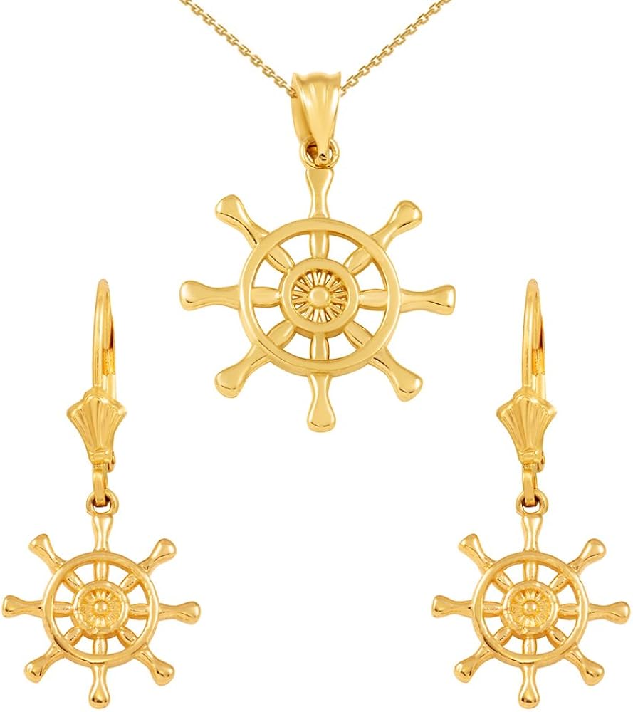 14 ct Gold Yellow Gold Nautical Ship Wheel Pendant Necklace Necklace ...
