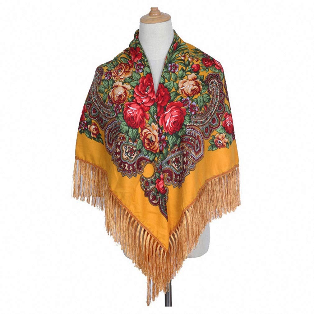 Women Russian Style Peony Floral Printed Long Tassel Large Square Scarf ...