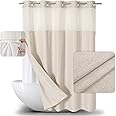 Amazon.com: eachope Extra Long No Hooks Needed Linen Textured Shower Curtain with Snap-in Fabric ...