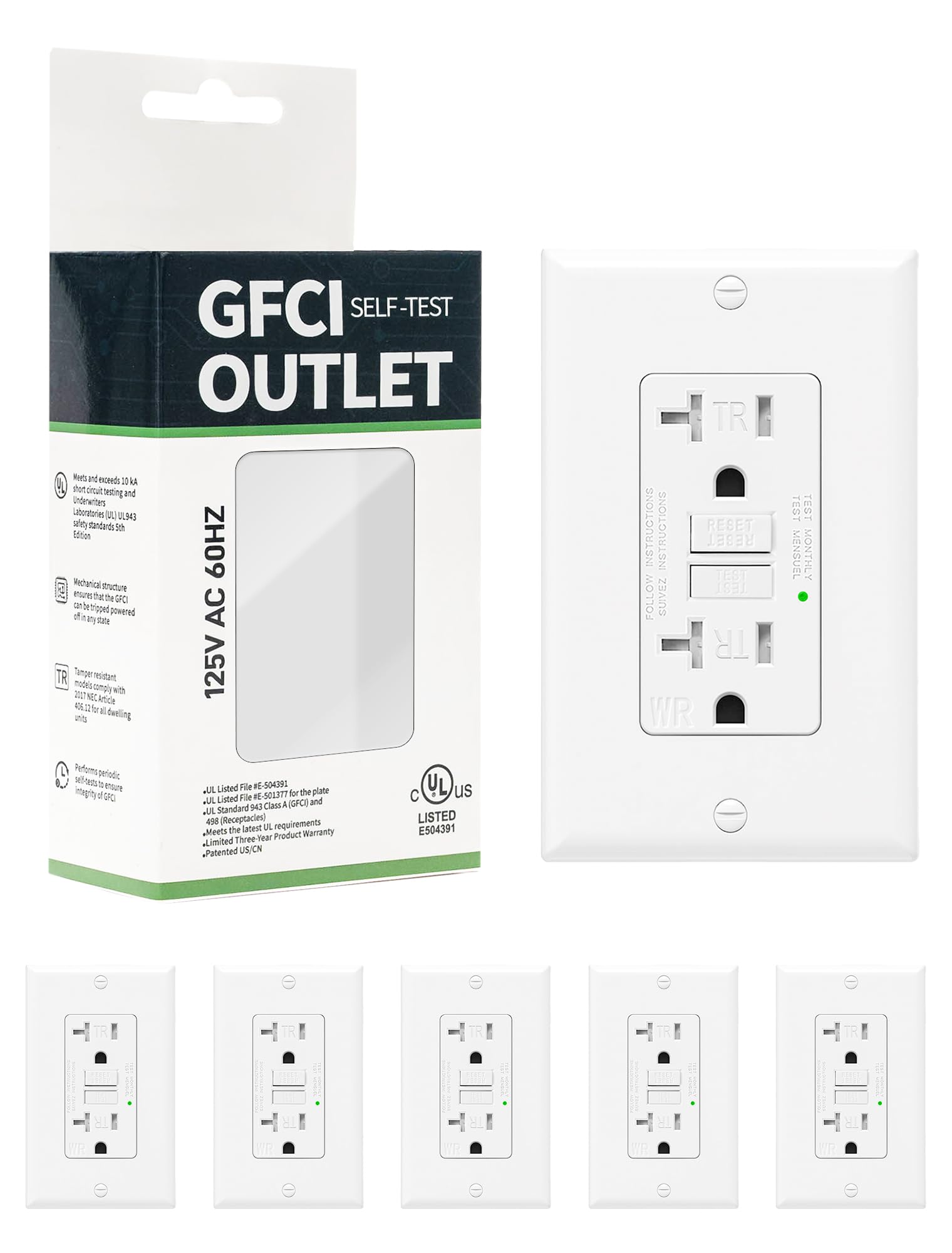 6-Pack 20 Amp GFI Electrical GFCI Outlet Self-Test Tamper Resistant (TR ...