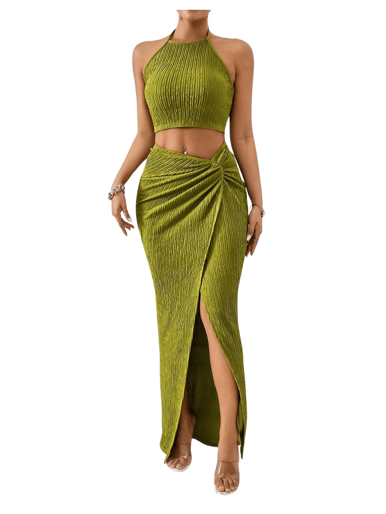 BEAUDRM Women's 2 Pieces Outfit Textured Halter Crop Top and Twist ...