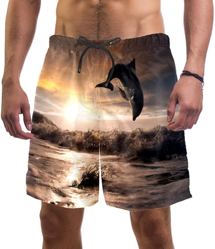 Man Beach Shorts Dolphin Jumping Sunset Swim Trunks Elastic Swimsuit ...