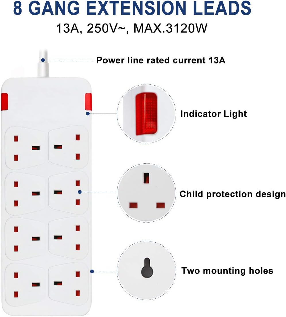 ExtraStar 8 Way Extension Lead 13A Fused Power Strips UK Plug with ...