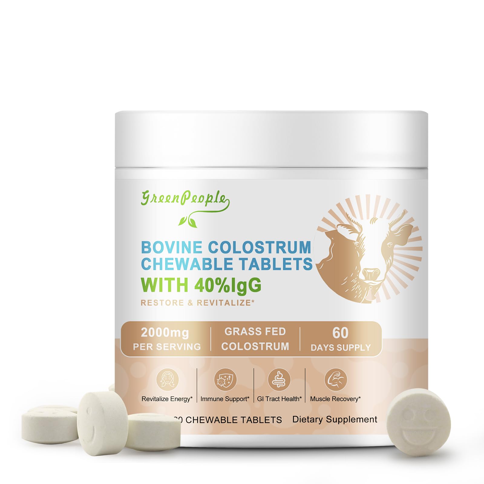 GREENPEOPLE Bovine Colostrum Tablets Chewable, 40% IgG | Colostrum ...