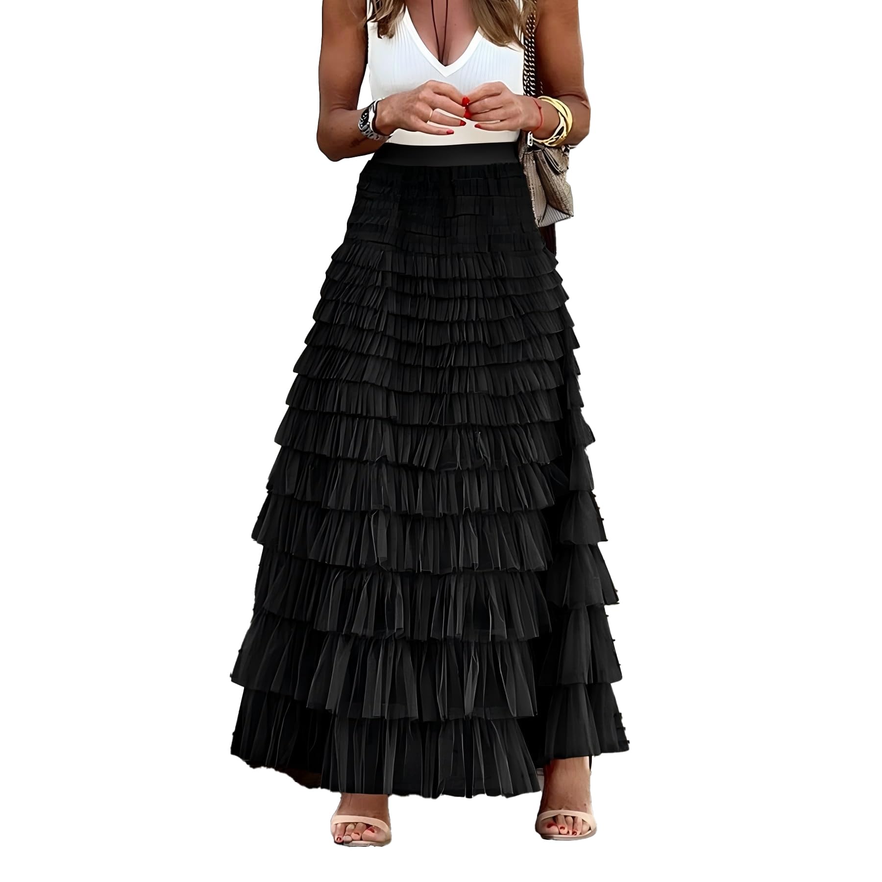 Mincib Womens Long Tulle Skirt A Line Ruffle Tiered Layered Skirts High ...