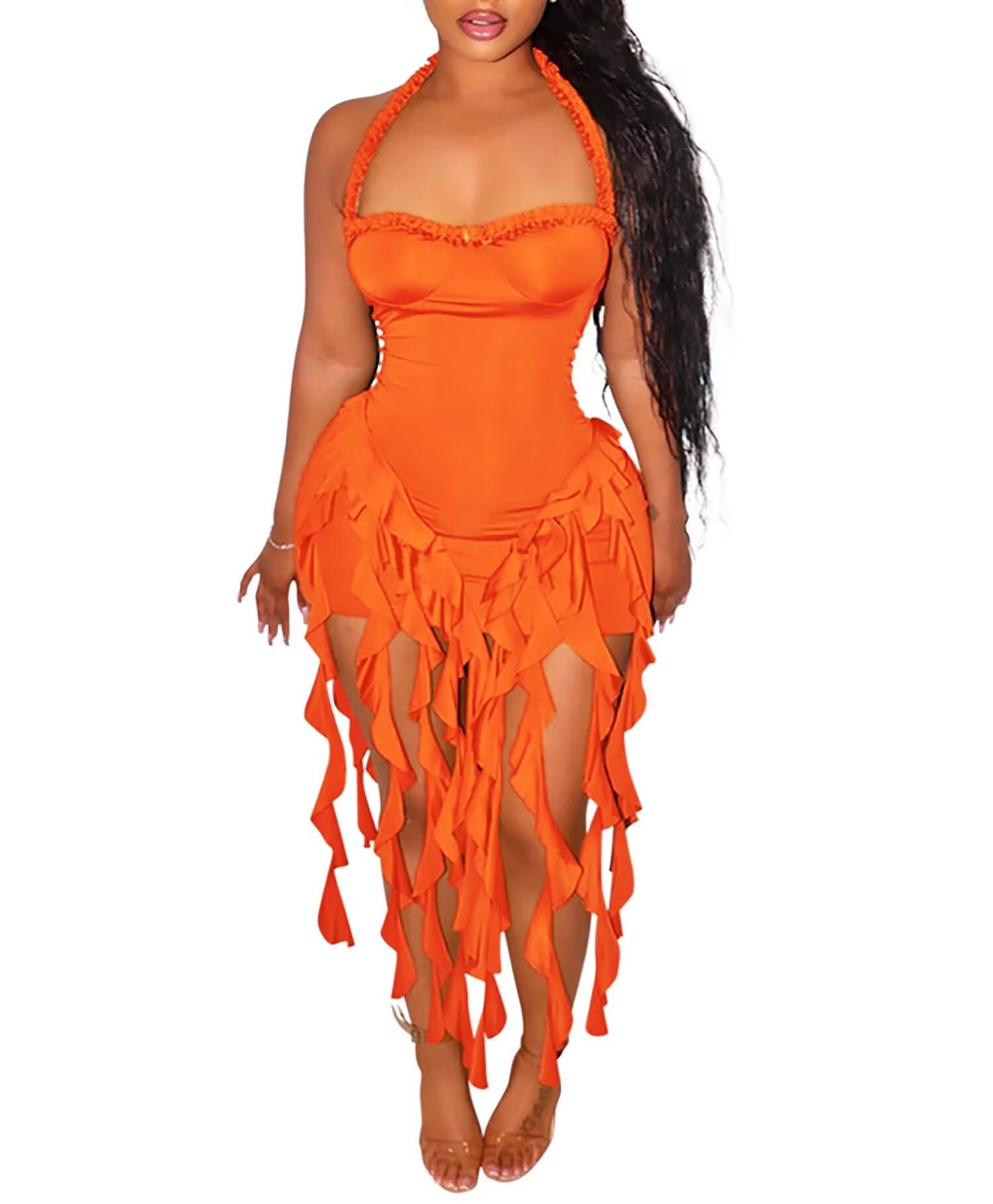 Aro Lora Womens Sexy Halter Neck Sleeveless Ruffle Tassel Party Club Bodycon Mini Dress Medium ...