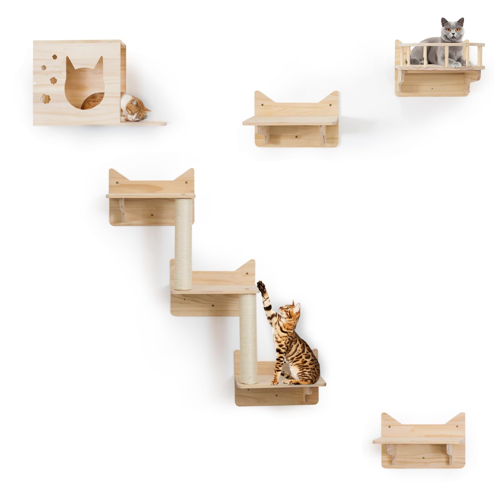 MIUZMORE 9-Piece Wall-Mounted Cat Shelves Set, Cat House, Lookout Tower ...