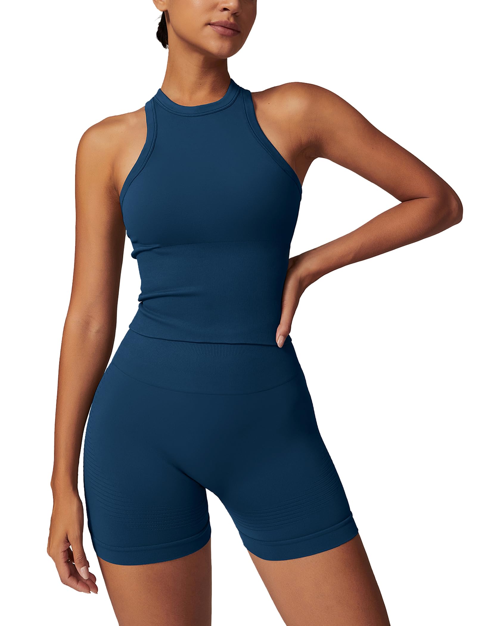 QBGJTD Womens Workout Sets Two Piece Seamless Compression Racer-back Tank Top Matching High ...