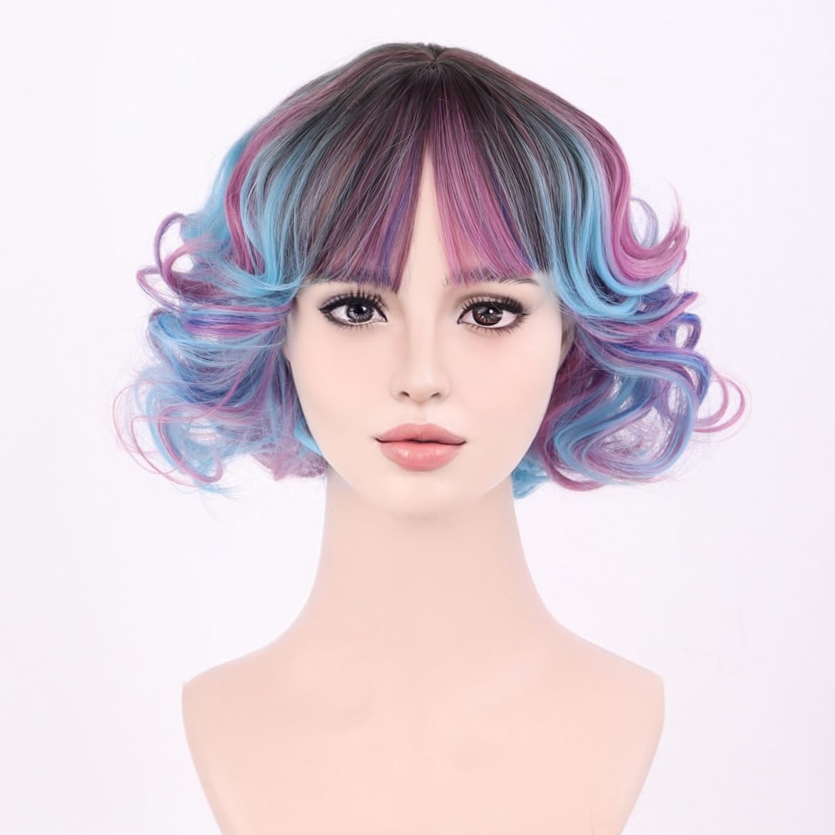 MAGQOO Rainbow Wig With Bangs - Short Curly Wavy Fluffy Multicolor Blue ...