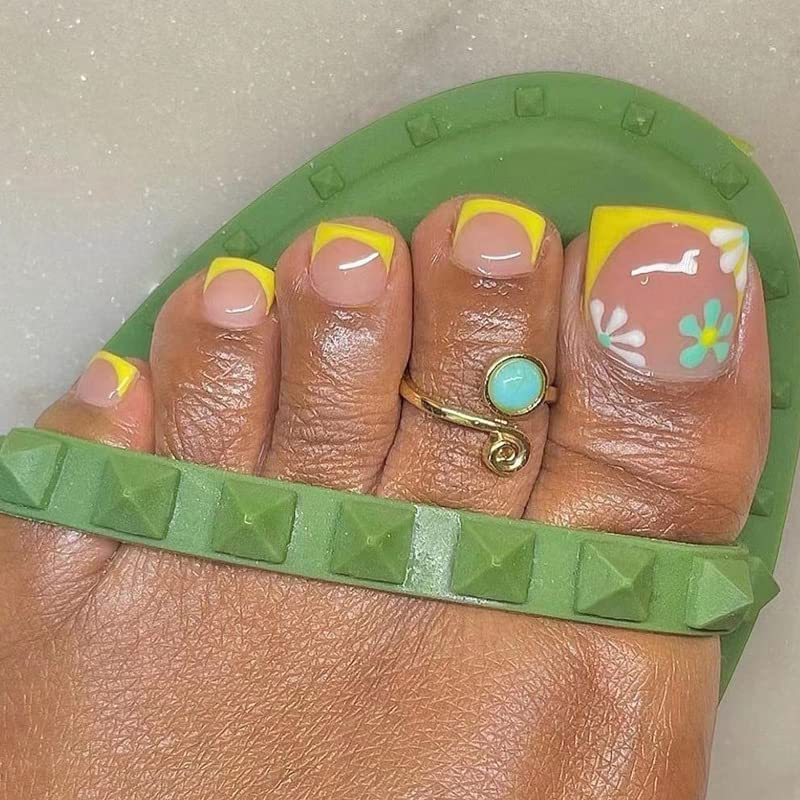 Flower Press on Toenails Short Square Fake Nails French Tips Nails with ...