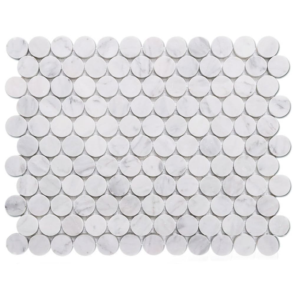 Diflart Carrara White Marble Mosaic Tile, 1 Inch Penny Round, Polished ...