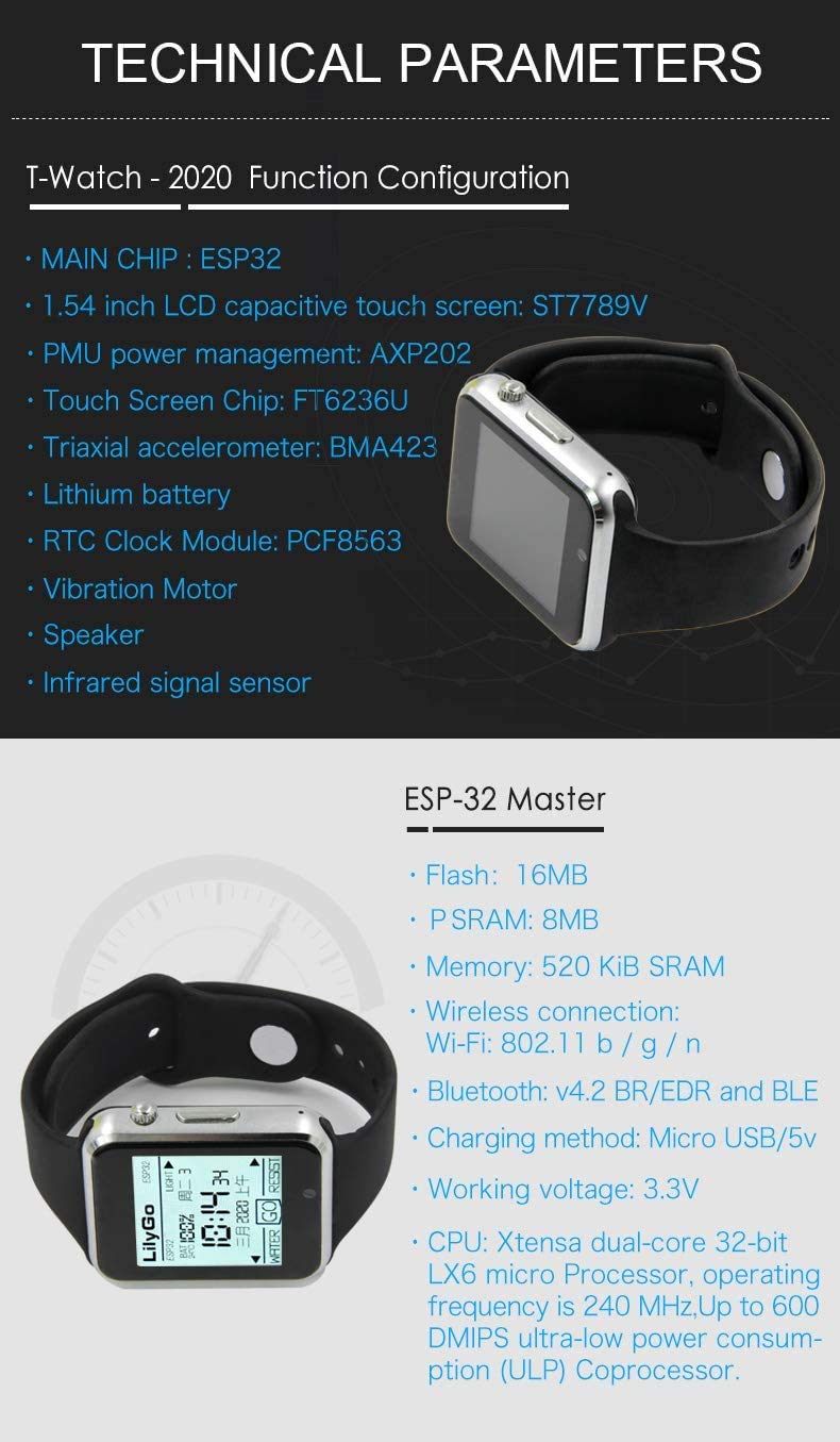 SmartFly Info T-Watch 2020 V1 ESP32-Based Programmable Watch With ESP-IDF Or MicroPython(Black ...