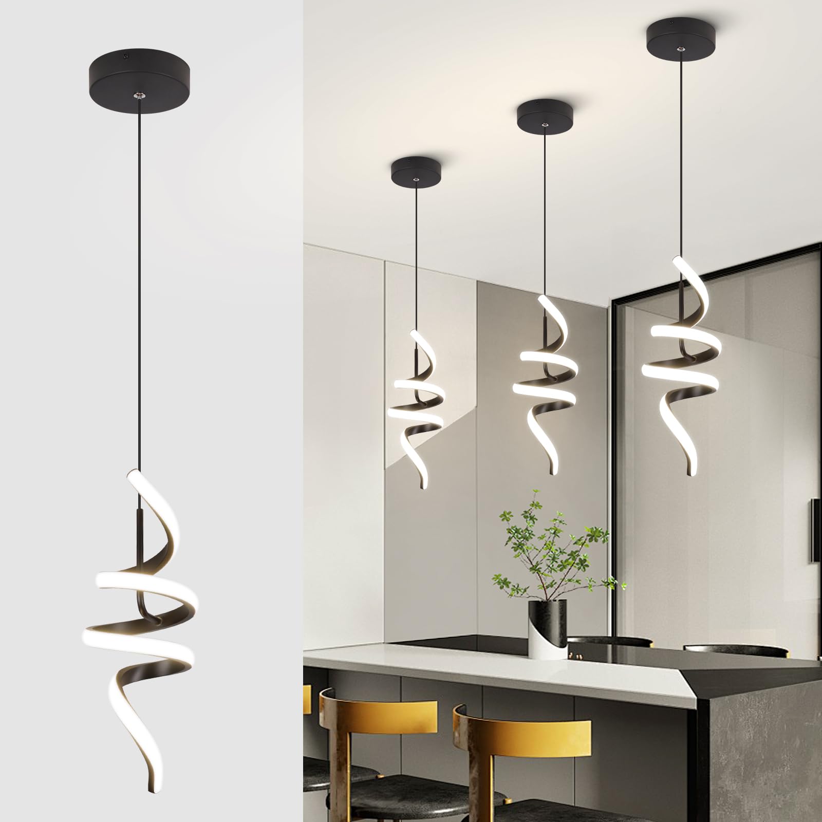 Sovinzert 4000K Modern Pendant Light, 15IN Spiral LED Pendant Lights ...