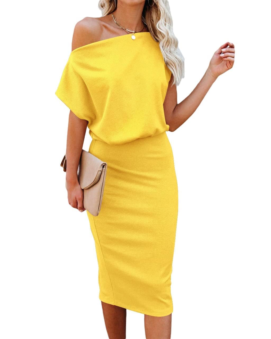 Ezbelle Womens Sexy One Shoulder Short Sleeve Bodycon Midi Casual ...