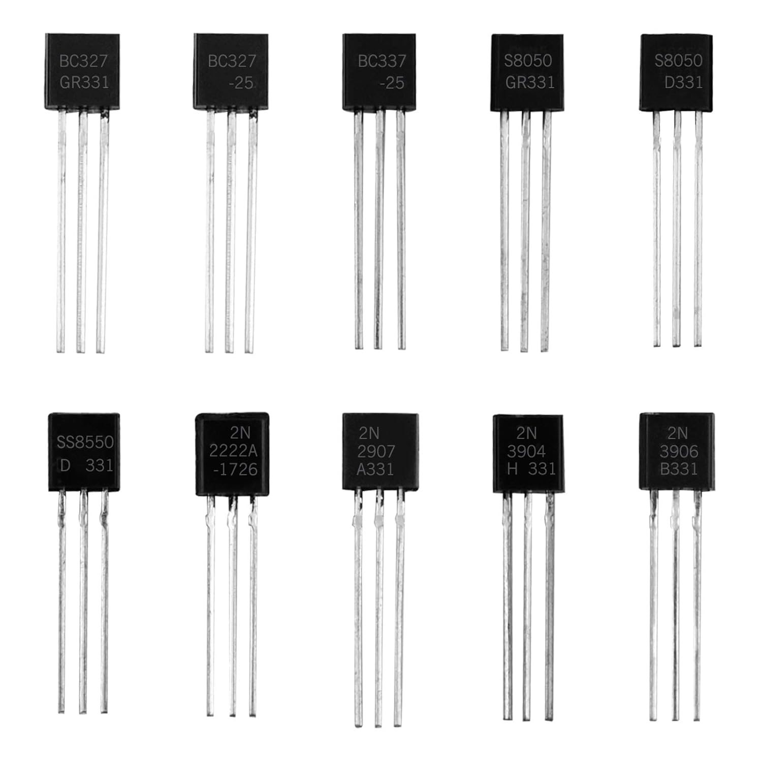 KUPINK 250pcs Transistor 10 Values PNP A1015 BC327 S8550 2N3906,NPN BC337 C1815 S8050 2N2222 ...