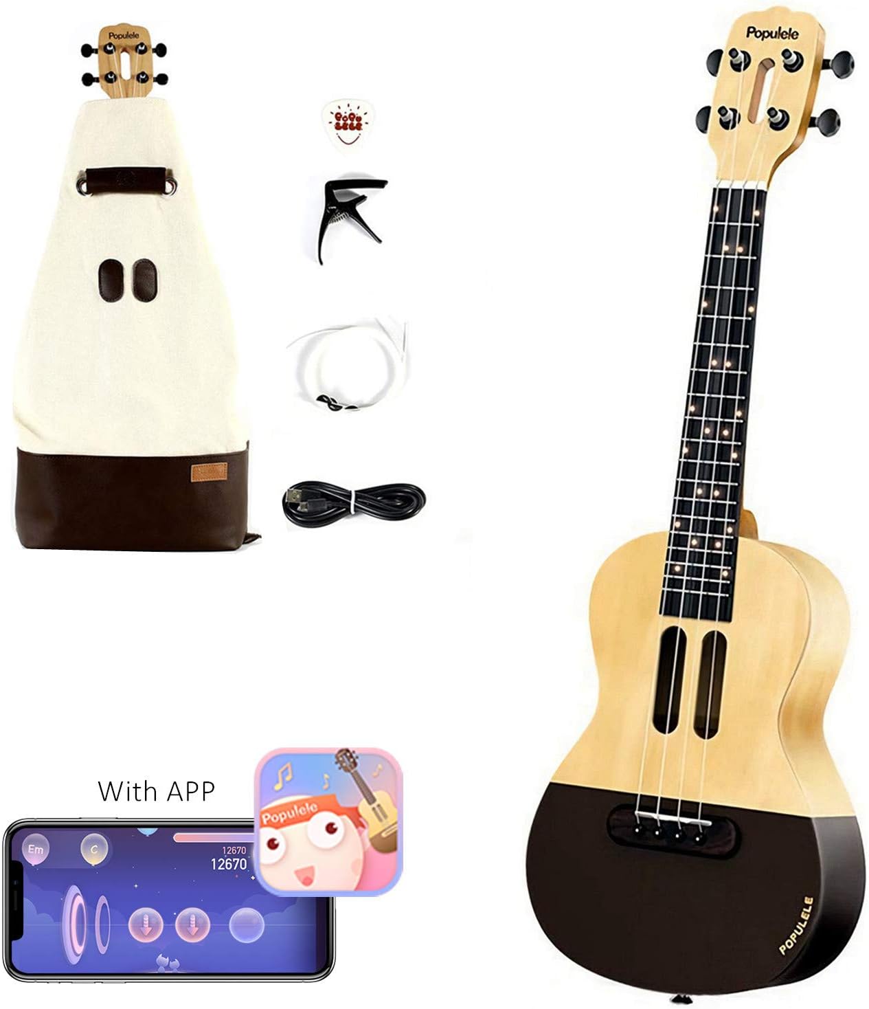 Populele 23″ Smart Ukulele, Bluetooth Smart Interactive Concert Ukelele with APP With 72 LED ...
