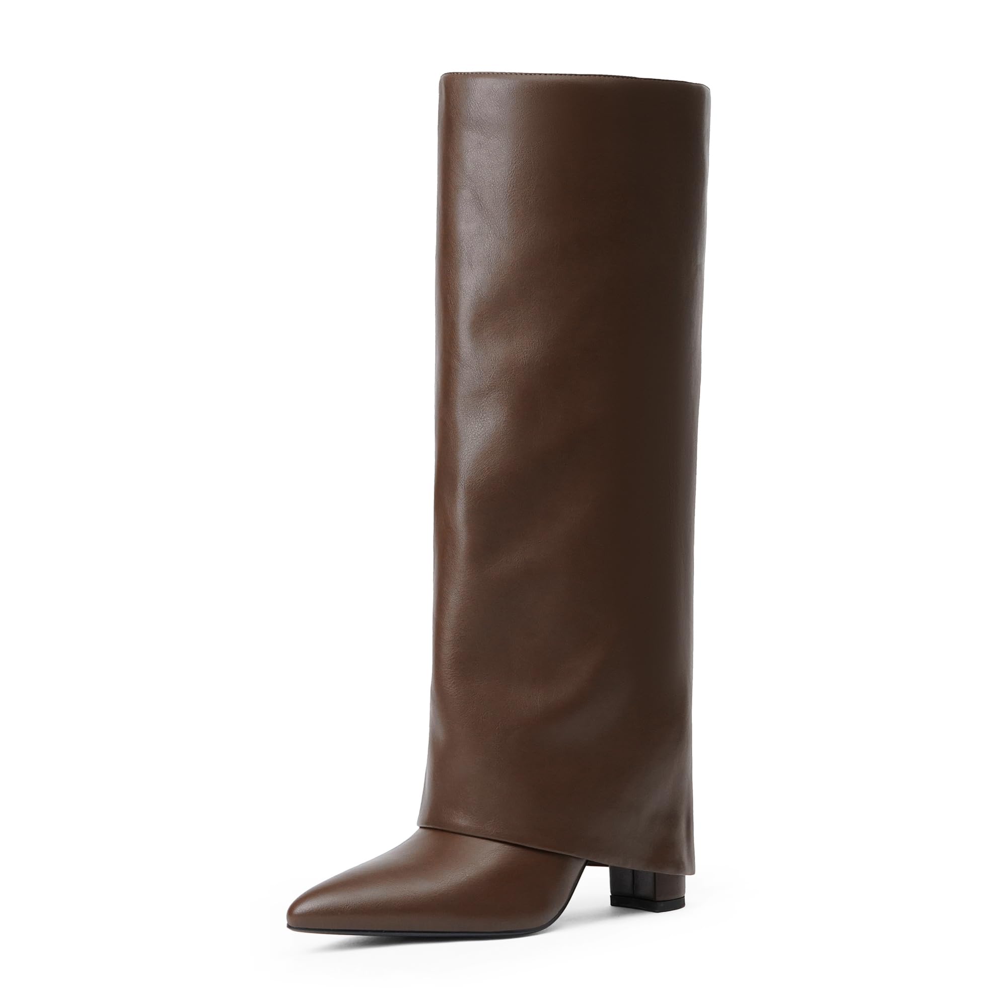 Modatope Brown Womens Boots Chunky Heel Fold Over Knee High Boots ...