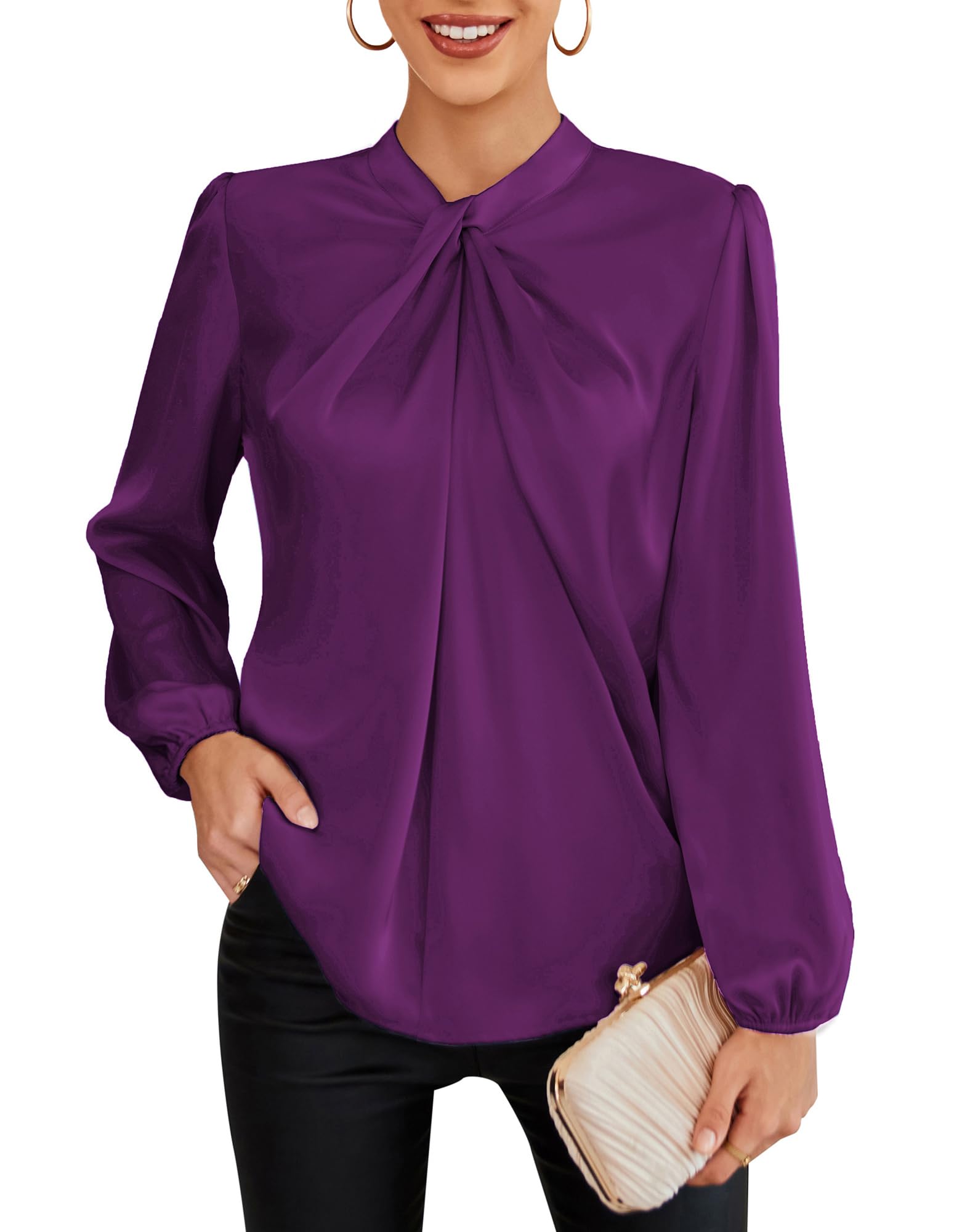 GRACE KARIN Women's Long Sleeve Shirts Mock Neck Casual Satin Blouse ...