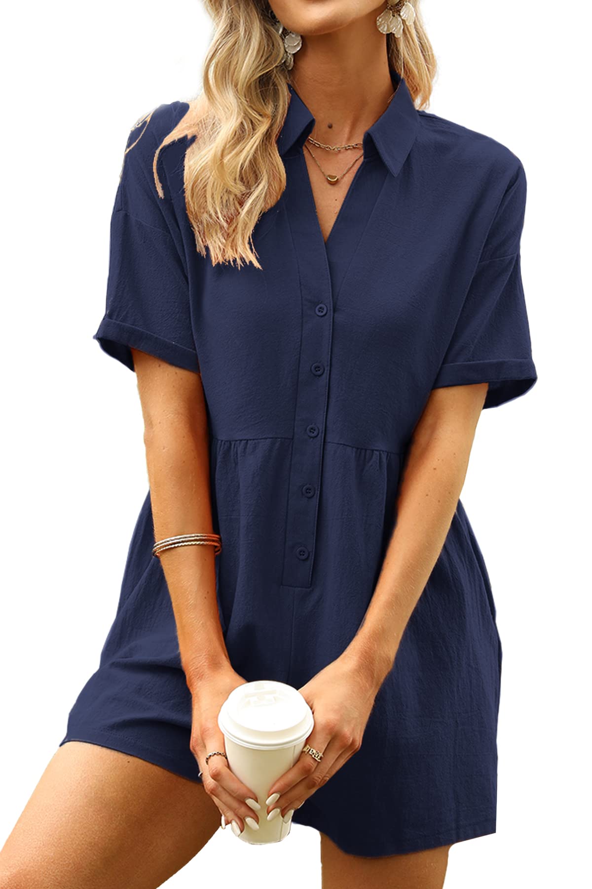 DEEP SELF V Neck Button Up Rompers for Women Dressy Short Sleeve ...