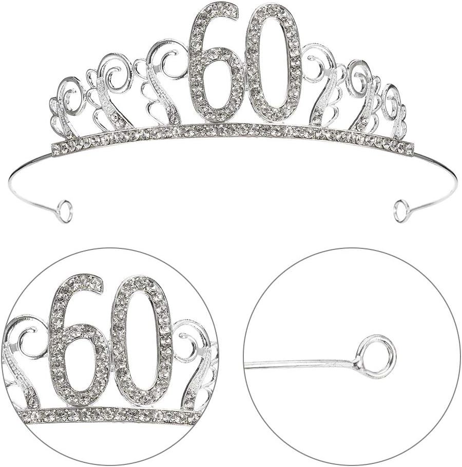 DaricowathX Crown Headband 60 Birthday Tiara Rhinestone Crystal Crown and 60th Birthday Sash for ...