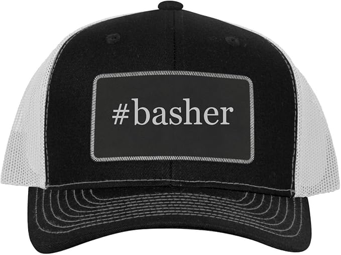 #basher - Leather Hashtag Black Patch Engraved Trucker Hat, Black-White ...