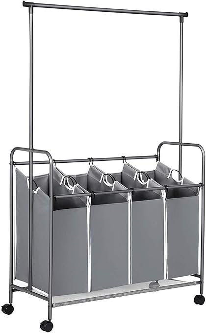 SONGMICS 4-Bag Rolling Laundry Sorter with Hanging Bar, Heavy-Duty with ...