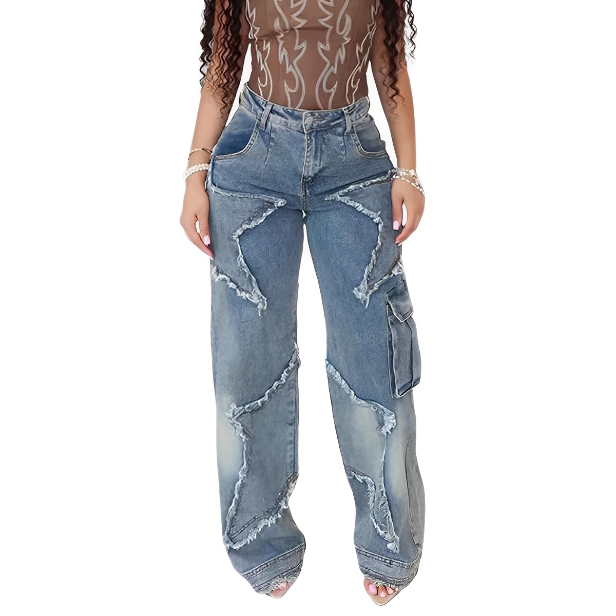CHEZVOGUE Women's High Waist Baggy Ripped Denim Jeans with Star Tassel ...