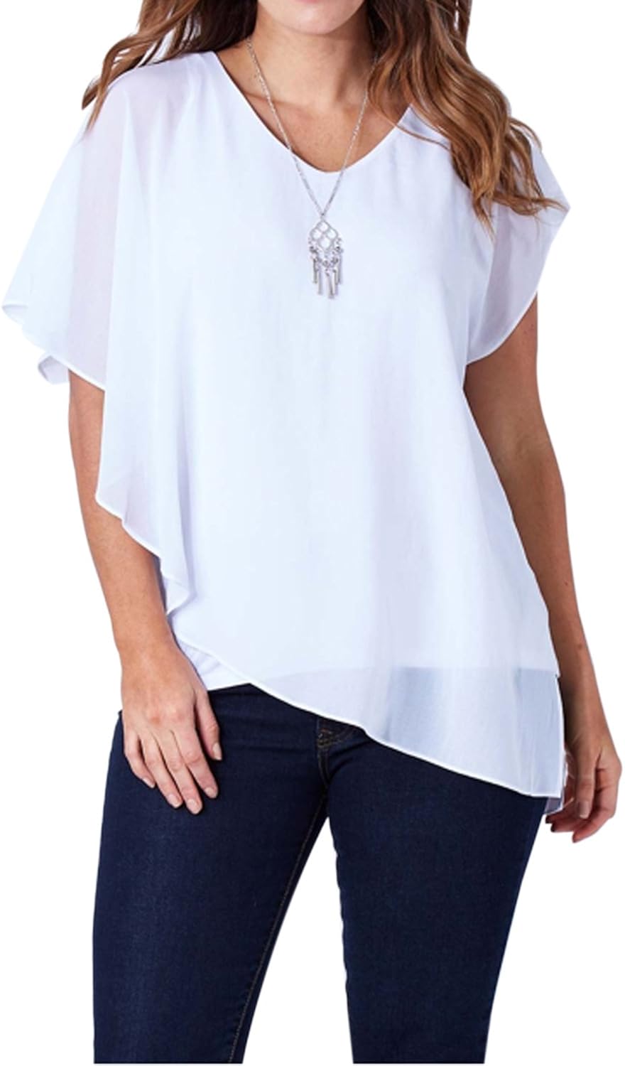Blooming Jelly Women's V Neck Asymmetrical White Chiffon Plus Size ...