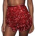 REETAN Fringe Sequin Skirt Belly Dance Sparkly Tassel Skirts for Women, D-red, 40 Short : Amazon ...