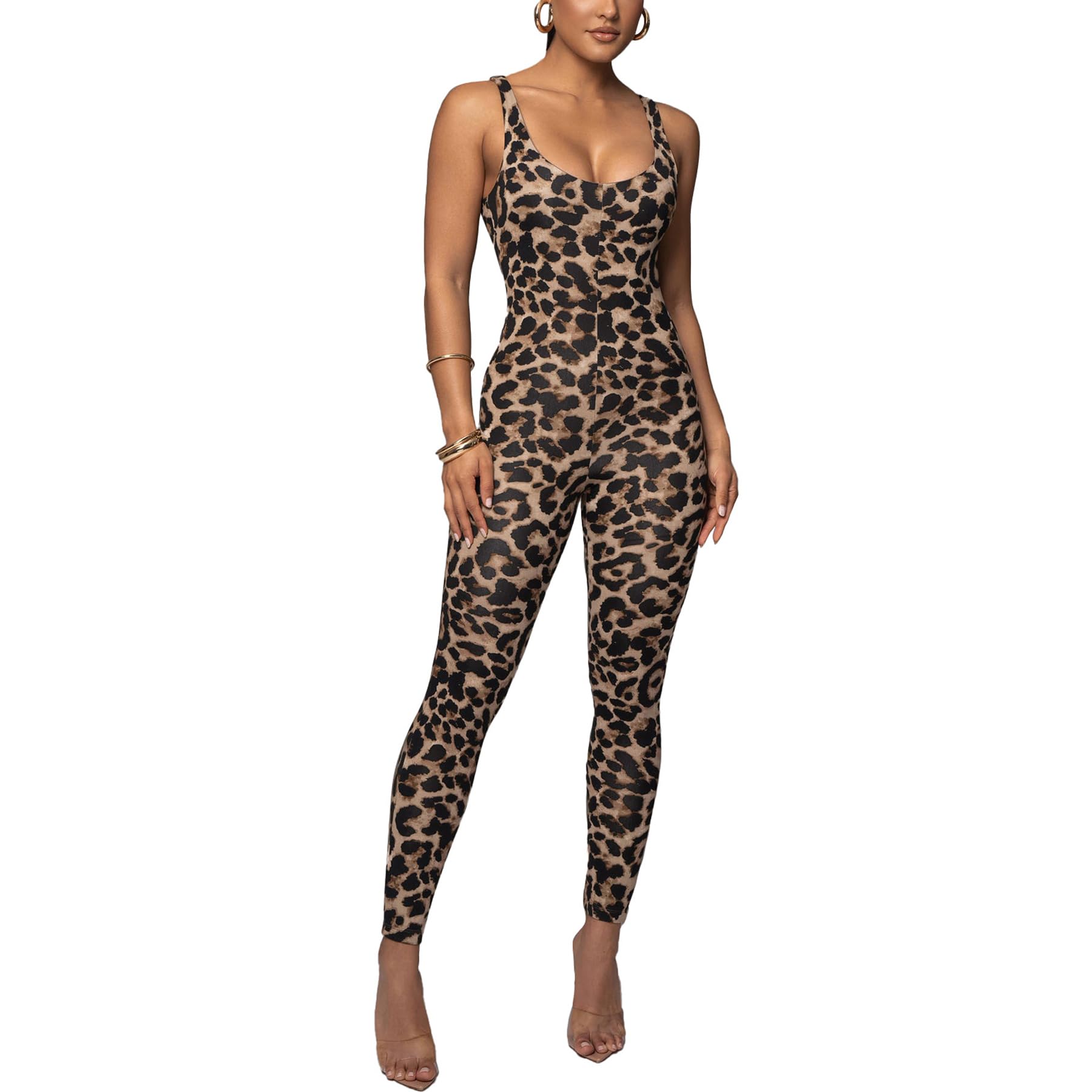 HKWZYY Leopard Print One Piece Jumpsuits for Women Elegant Bodycon Rompers Sexy Club Workout ...