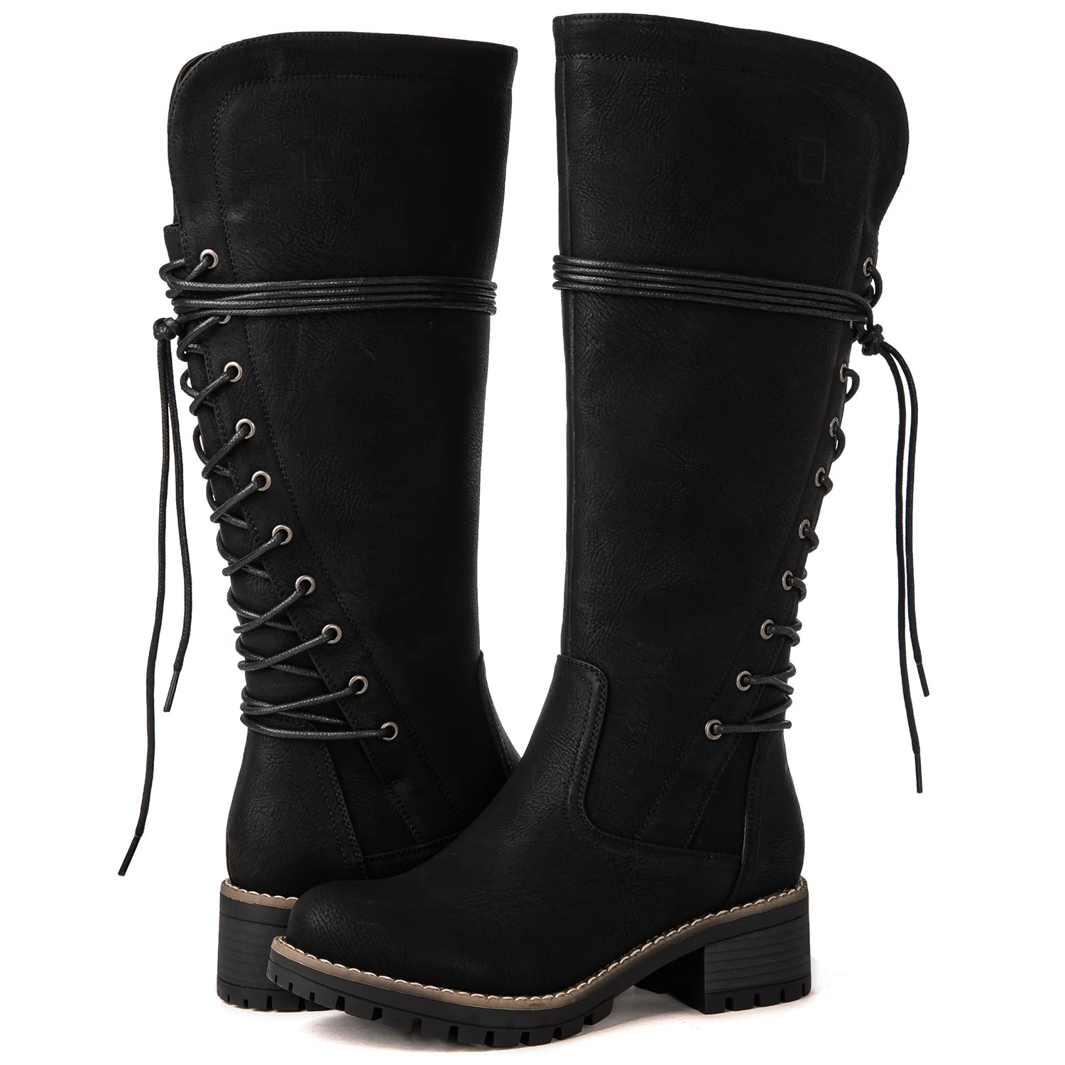 GLOBALWIN Women’s Black Lace Up Back Boots Knee High Boots Fashion ...