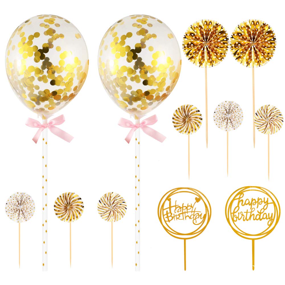 Zngou 12 PCS Happy Birthday Cake Topper Set, Gold Birthday Cake ...