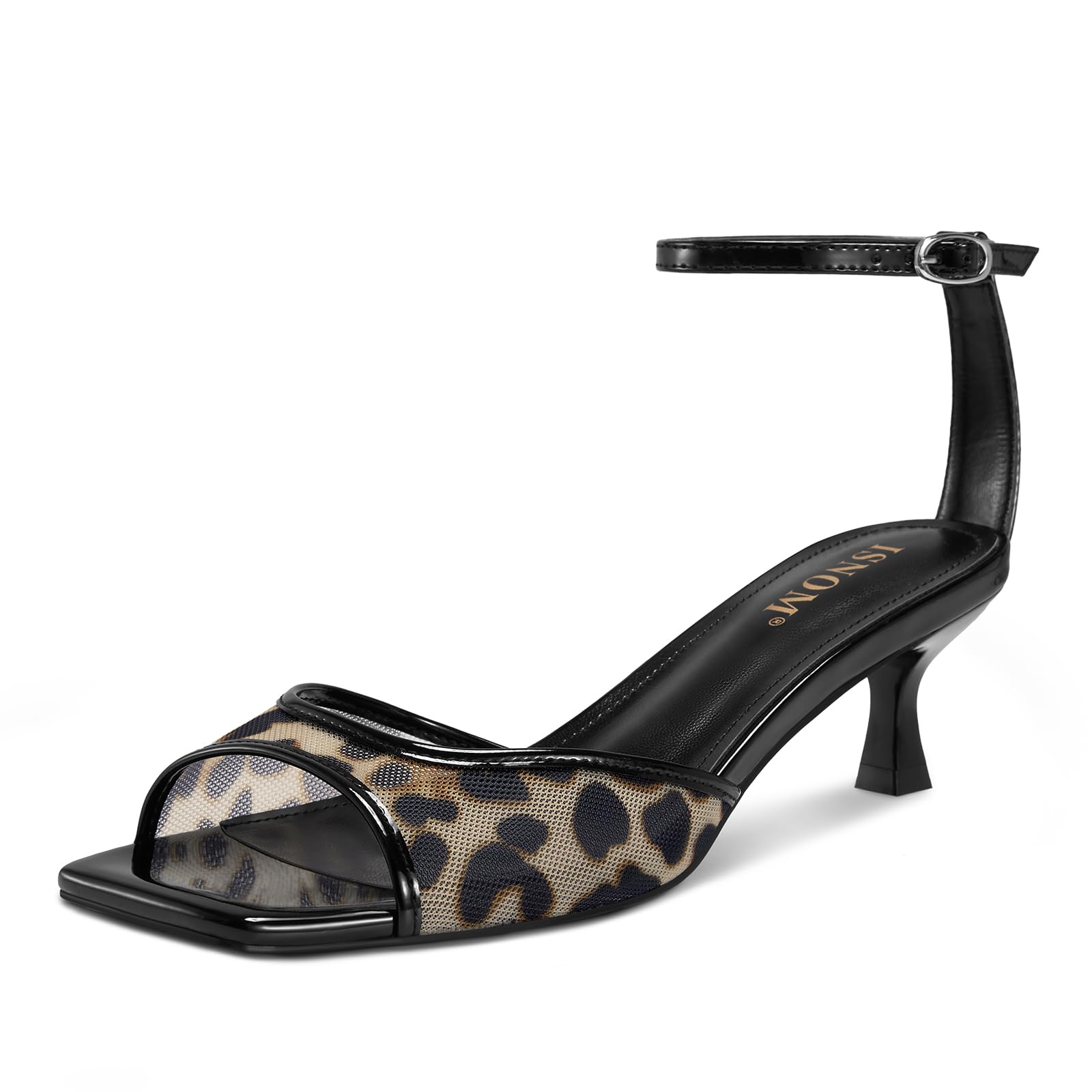 ISNOM Kitten Heels Mesh Heels for Women Square Toe Ankle Buckle Strap ...