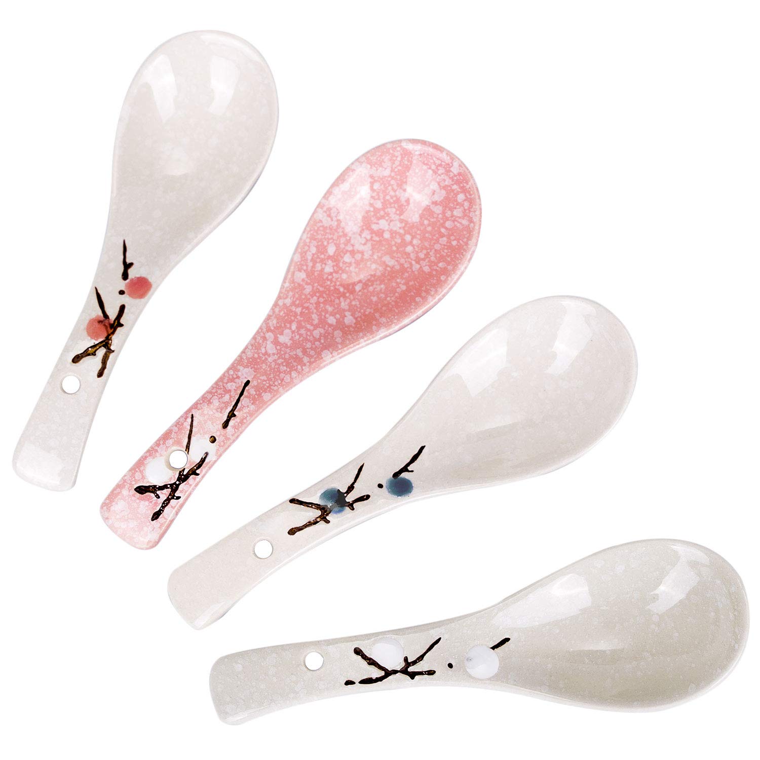 VanEnjoy Set of 4 Chinese/Japanese Ceramic Soup Spoons, Pink Cherry ...
