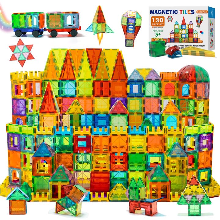 EchoPlan Magnetic Tiles, 130PCS Magnetic Blocks with 2 Cars, Magnet ...