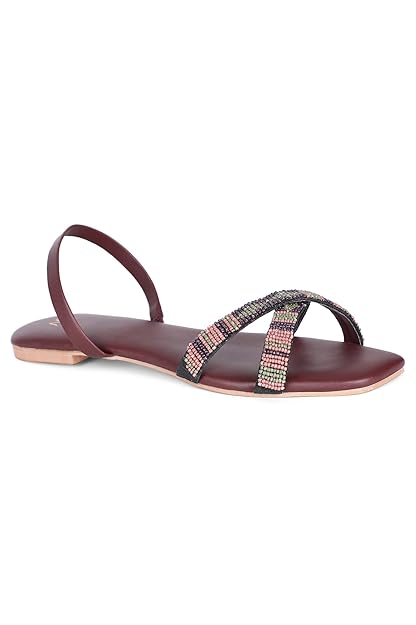 Buy W Women's Wine Embroidered Flat Sandal at Amazon.in
