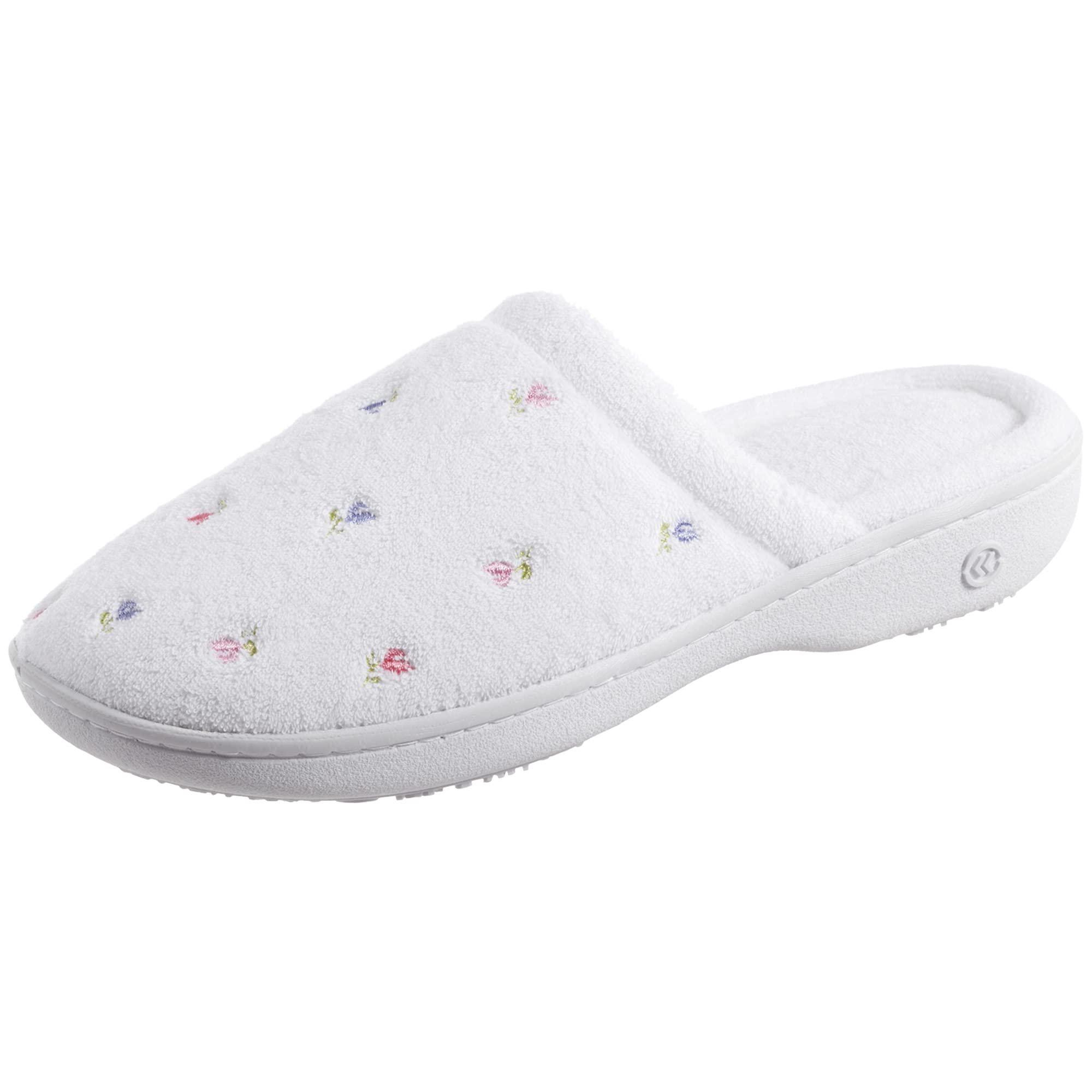 isotoner Women's Signature Terry Floral Embroidered Clog Slipper, White ...