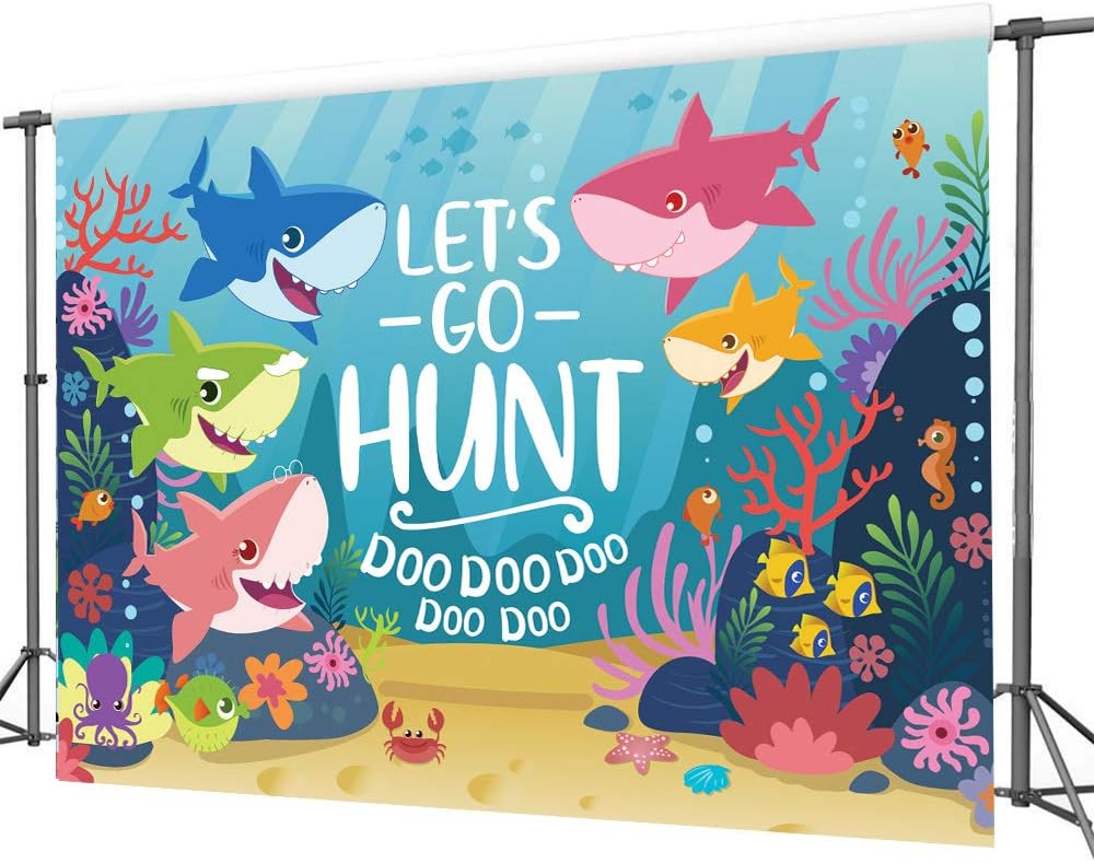 LYWYGG 7x5FT Baby Shark Vinyl Backdrop Blue Ocean Shark Birthday Party ...