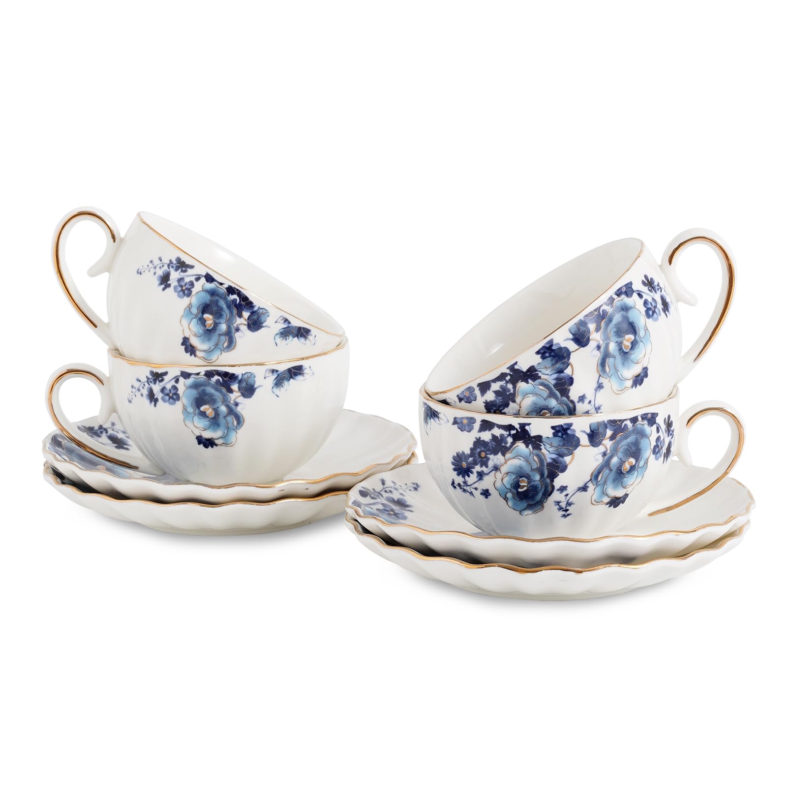 Agyiuns Tea Cup and Saucers, 6.4oz Floral Tea Cups with Gold Trim ...