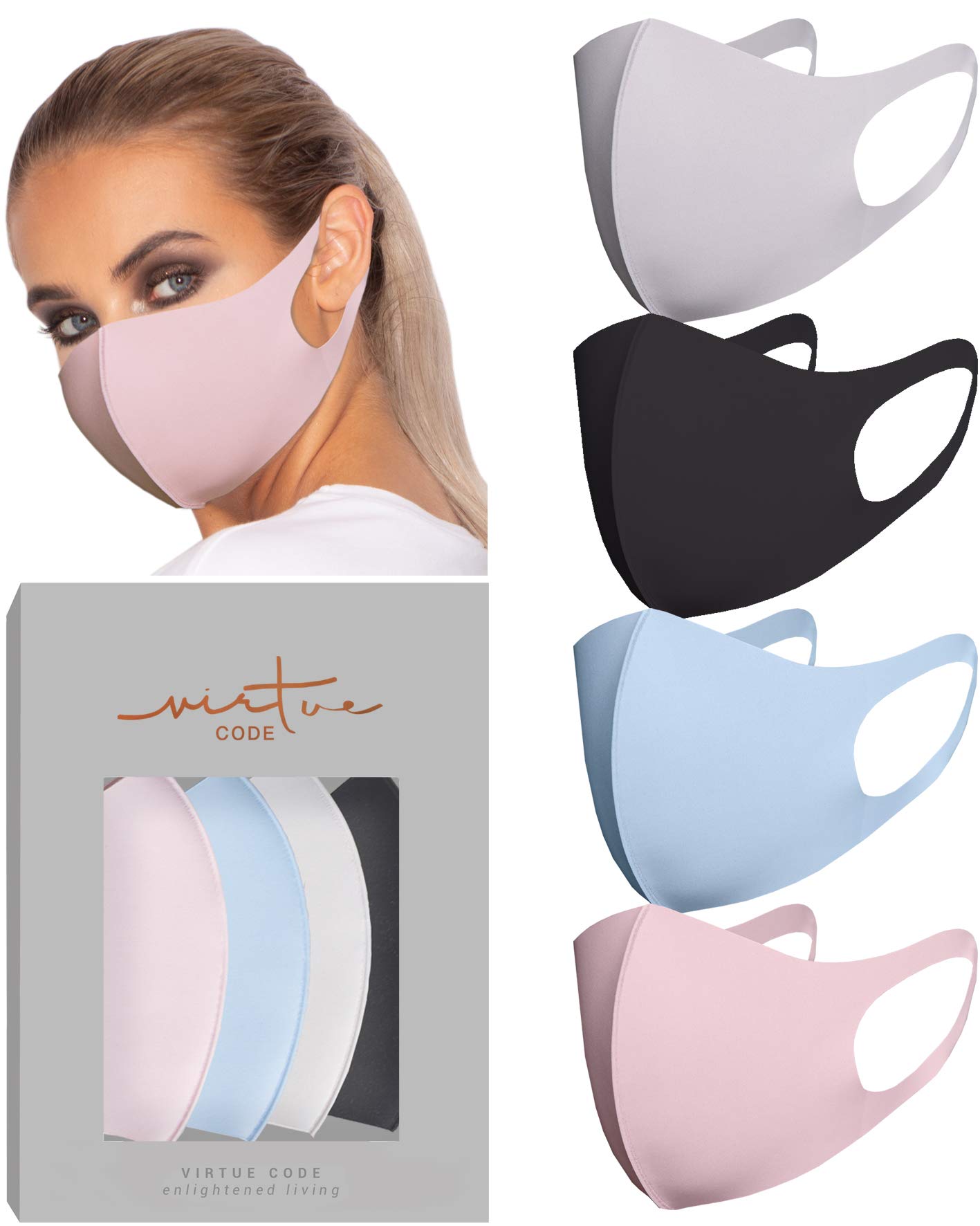 VIRTUE CODE Second Skin Cloth Face Mask Pack. 4 Buttery Soft Masks Washable Fabric - Pink, Baby ...