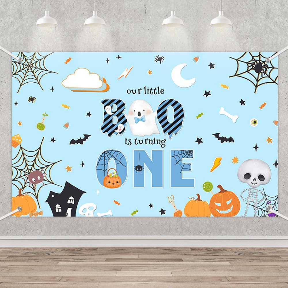 MEHOFOND Our Little Boo is Turning One Backdrop Banner, Blue Halloween ...