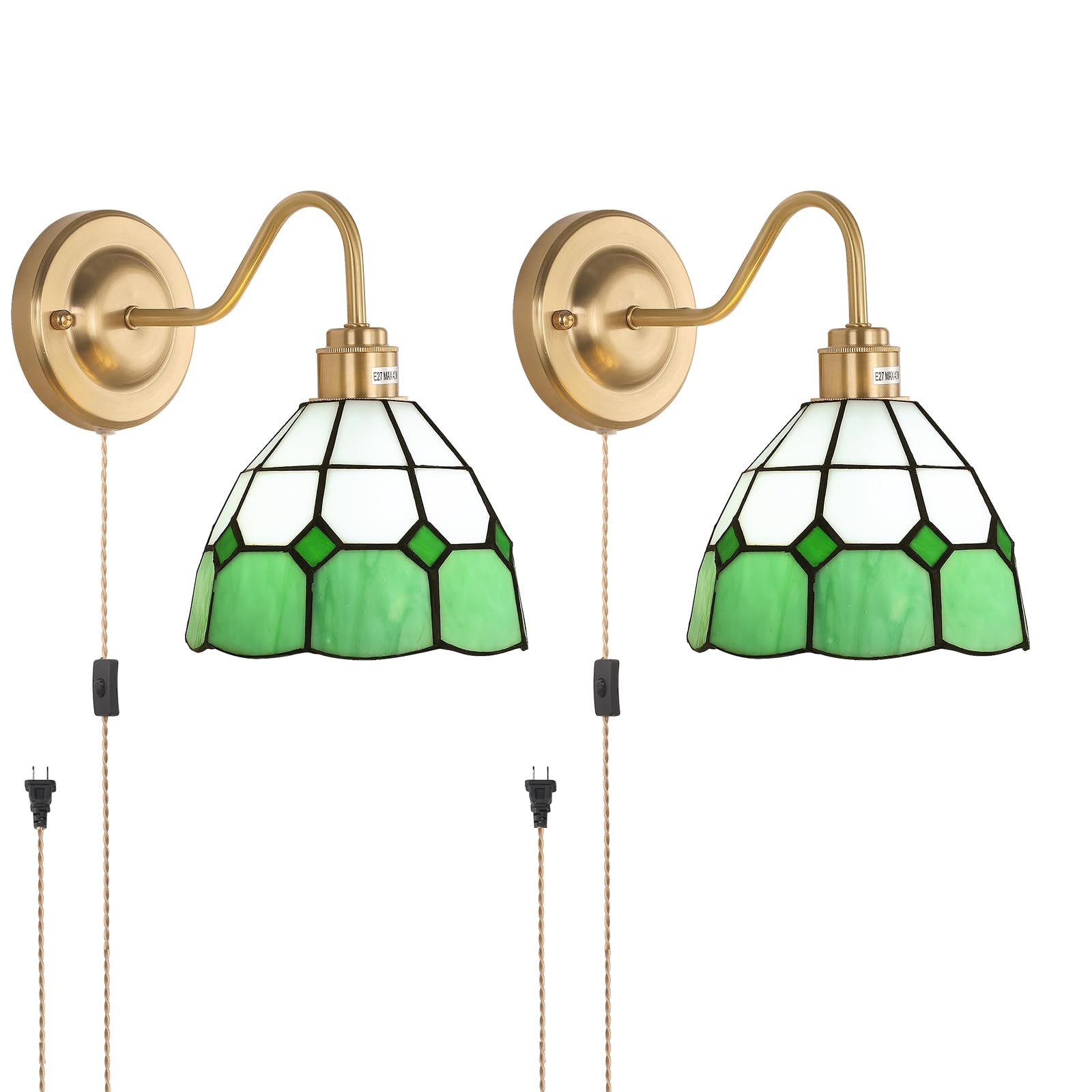 Shenmoyl Plug in Wall Sconces Set of 2, Vintage Wall Lamps with Green ...