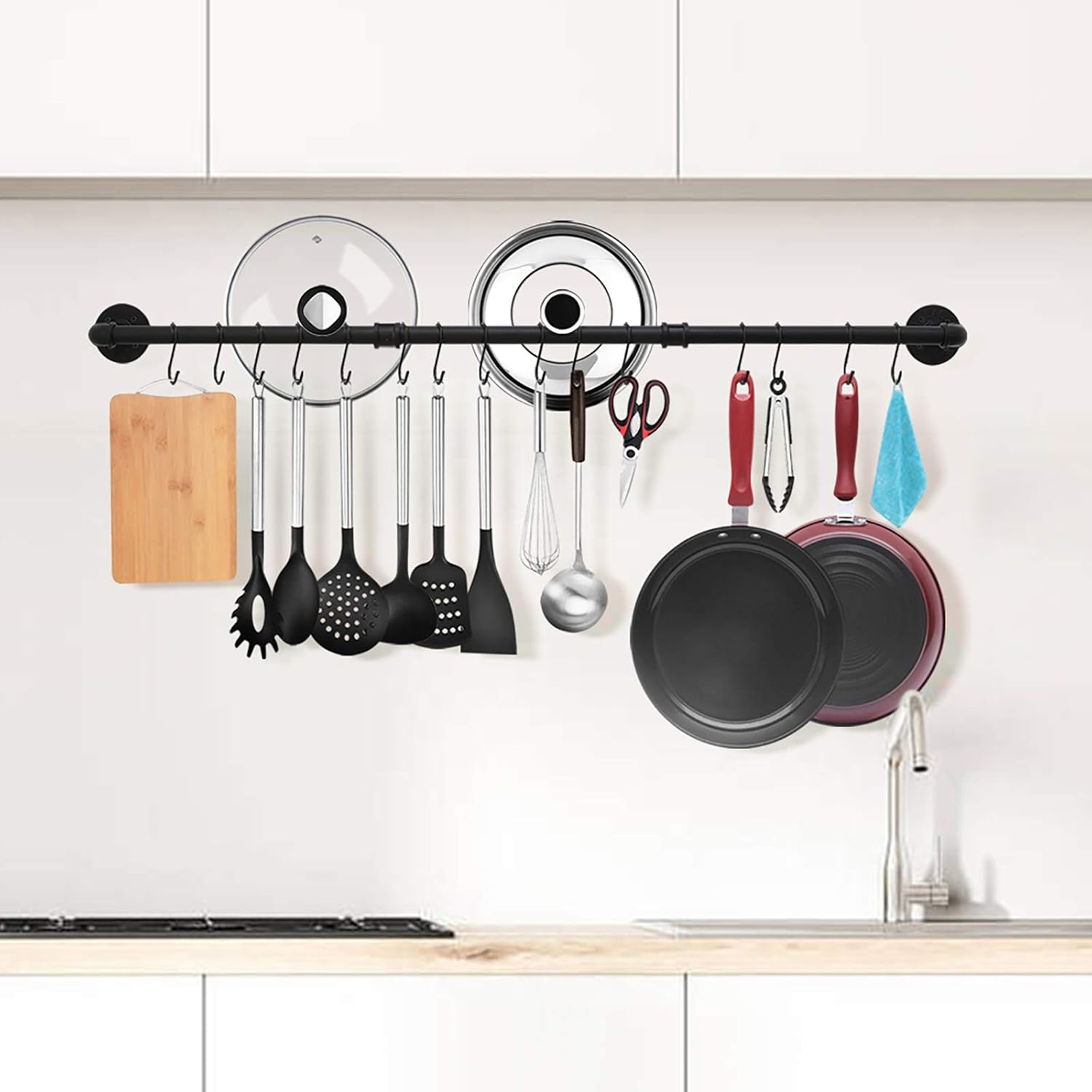 TLBTEK 127cm Black Pipe Pot Bar Rack Wall Mounted Detachable Pans ...