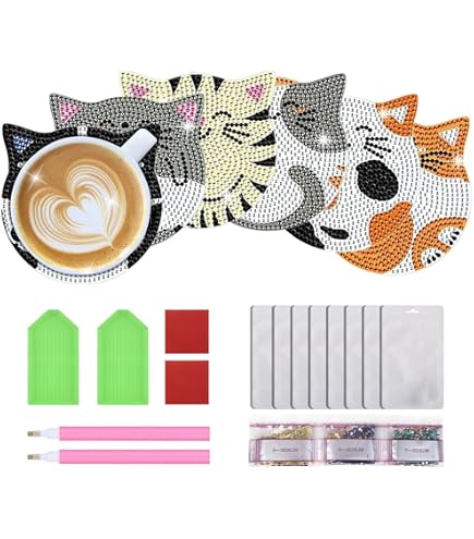 Indoor Cat Diamond Painting 6Pcs Diamond Dot Coasters With Holder ...
