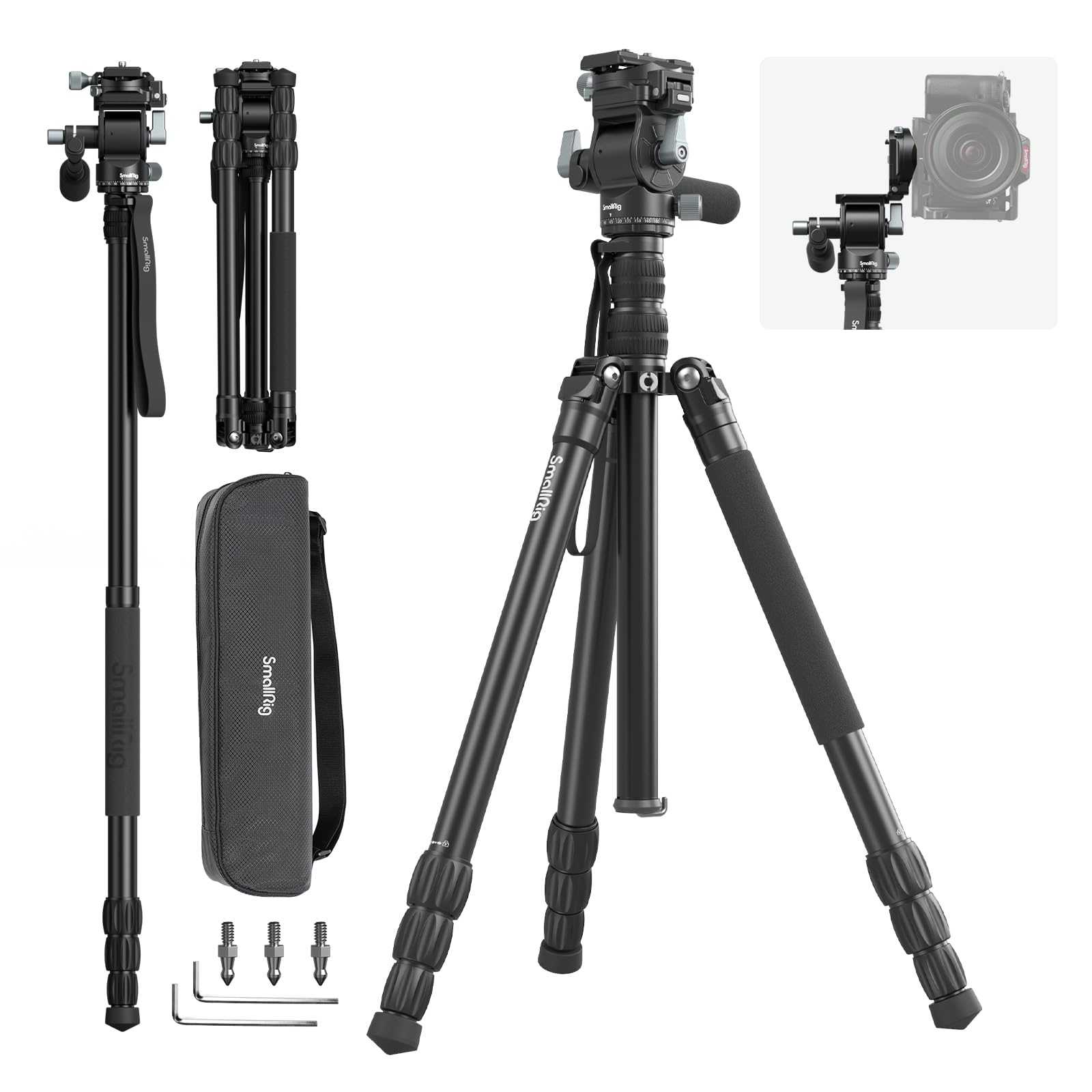 SmallRig CT195 Video Tripod Kit, 73" Camera Tripod with Pan Tilt Fluid ...