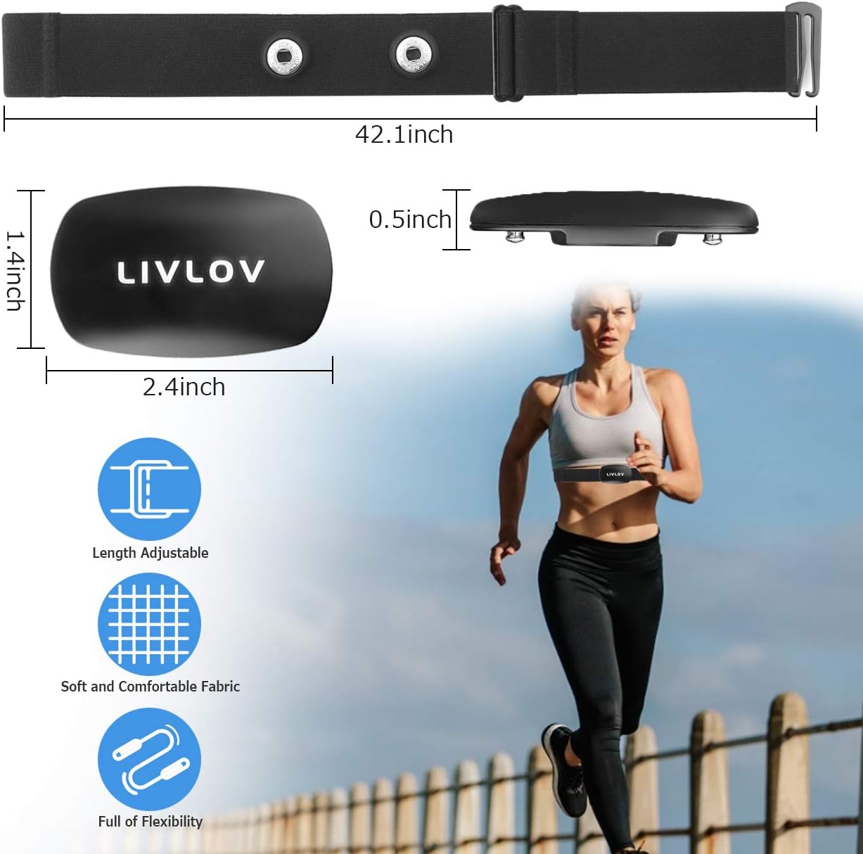 LIVLOV V6 Heart Rate Monitor Chest Strap, Bluetooth ANT+ Heart Rate ...