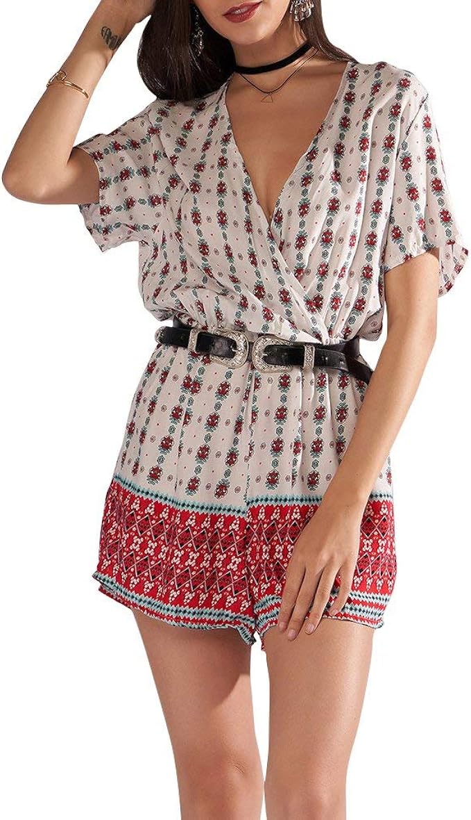 Monos Mujer Moda Florales V-Cuello Overall Manga Corta Elegante Traje ...