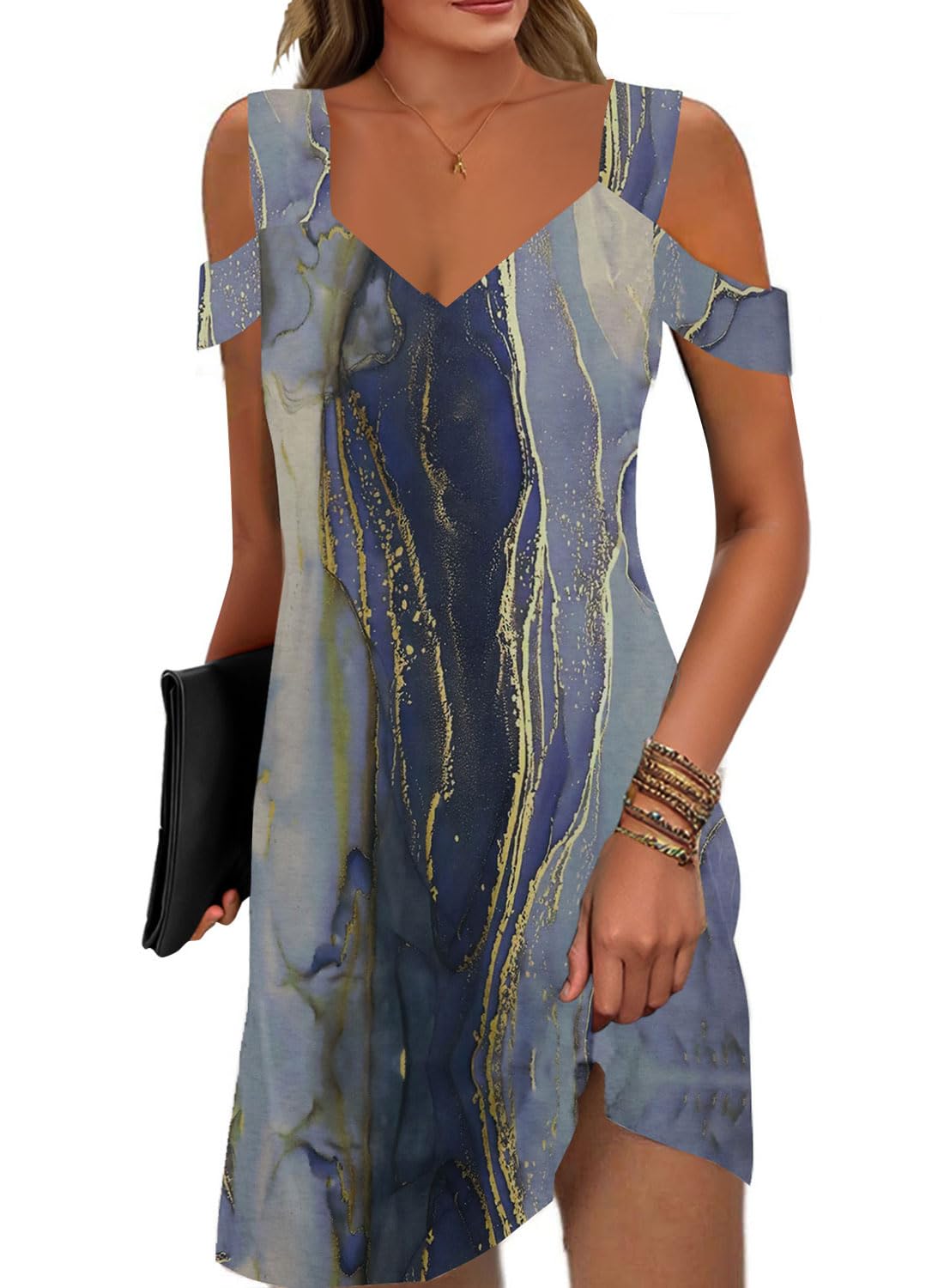 Soesdemo Womens Summer Blue Golden Printed Dress Cold Shoulder V Neck ...